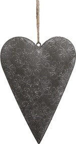 Šedé plechové ozdobné závěsné srdce s květy M - 15*2*10 cm