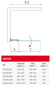 Roth Čtvercový nebo obdélníkový sprchový kout GDO1N+GBN Varianta: šířka dveří: 80 cm, šířka pevné stěny: 100 cm, orientace: Uni - (GDO1N/800_GBN/1000), Barva profilů a typ výplně: profily: brillant, výplň: transparent