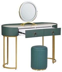 Toaletní stolek se 2 zásuvkami LED zrcadlem a pufem tmavozelený/ zlatý VINAX Beliani