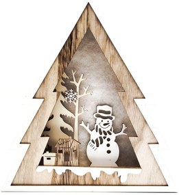Vánoční dřevěná LED dekorace, sněhulák v lese