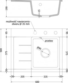 Mexen Ben, 1-komorový granitový dřez 600x500x190 mm, pravý + černý sifon, černá, 6523605000-77-B