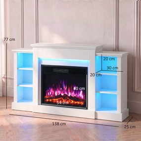 HOMCOM TV stolek s elektrickým krbem a 6 policemi, 138 cm, 900/1800 W, bílý