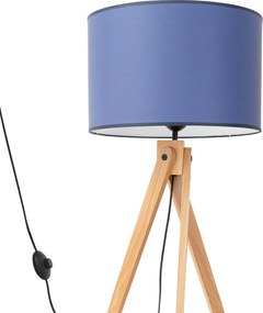 Stojací lampa Natt, 1x modré textilní stínítko, dřevo