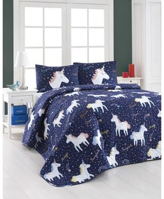 Set prošívaného přehozu a 2 povlaků na polštáře Eponj Home Magic Unicorn Dark Blue, 200 x 220 cm