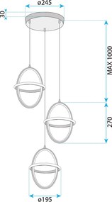 Toolight Toolight, LED závěsné svítidlo 3x 20x28cm, 60W, 4000K, 4200lm, G064-3CPR, zlatá lesklá, OSW-08696