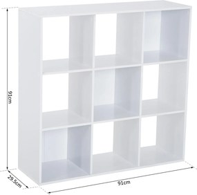 Bílá knihovna HOMCOM pro domácnost a kancelář, moderní regál s 9 přihrádkami z dřevotřísky, 91x29,5x91cm