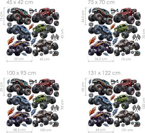 Auta monster trucky samolepky na zeď do klučičího pokoje arch 100 x 93 cm