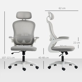HOMCOM Ergonomická kancelářská židle s opěrkou zad z síťoviny, výškově nastavitelná, sklápěcí loketní opěrky, 5 koleček, houpací funkce, šedá