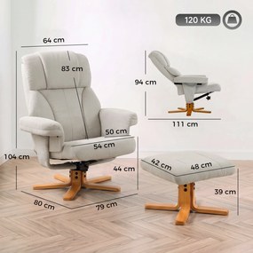 HOMCOM relaxační křeslo, opěradlo nastavitelné do 130°, otočné křeslo 360° s podnožkou, krémově bílé