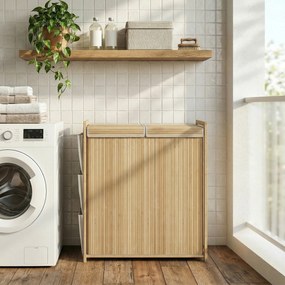 HOMCOM 120 l bambusový koš na prádlo s víkem, 2 přihrádky, snímatelné vaky se šňůrkou, boční kapsy, 63 × 33 × 78 cm, přírodní