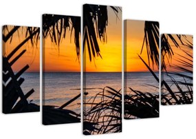 Obraz na plátně pětidílný Západ slunce s mořskou palmou - 200x100 cm