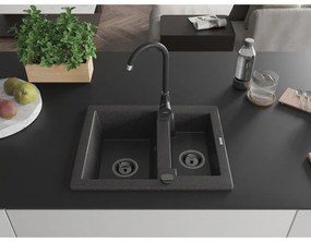 Mexen Carlos, granitový dřez 582x475x177 mm, 1,5-komorový, černá skvrnitá s černým sifonem, 6518581500-76-B