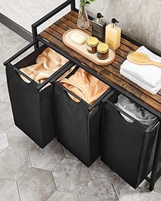 Koš na prádlo s policí BERGEN, 3x38l, černá/hnědá SongmicsHome