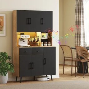 HOMCOM kuchyňské buffet, vysoký úložný nábytek s RGB-LED světlem, pracovní deskou, 6 dveřmi, 2 zásuvkami, 100x40x176 cm, černá