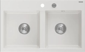 Mexen Hektor, 2-komorový granitový dřez 800x480x205 mm, bílá, chromový sifon, 6521802000-20