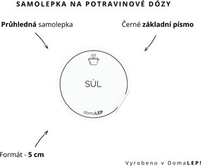 SŮL - omyvatelná samolepka na dózu, výběr rozměrů Ø 5 cm / 5 x 5 cm / 6 x 8 cm | DomaLEP tvar: OBDÉLNÍK, barva: PRŮHLEDNÁ - ČERNÉ písmo, velikost: š. 6 cm x v. 8 cm - tučné písmo