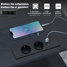 HOMCOM Konferenční stolek, odkládací stolek s nabíjecí stanicí, ocelový rám, USB-C porty, zásuvky, háčky, 40 cm x 30 cm x 60 cm, černá