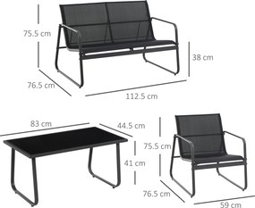 Stolní souprava Outsunny se sedací lavicí a 2 zahradními židlemi, zahradní nábytek z kovu a textilenu, černý