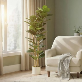 HOMCOM umělý fíkus lyrovitý, 150 cm – 71 listů, dřevěný kmen, v květináči, realistické plastové listí pro obývací pokoj, ložnici, kancelář, zahradu