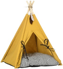 PawHut kočičí domeček teepee stan pro psy s polštářem, protiskluzový, s míčkem na hraní, z borovicového dřeva, vnitřní, žlutý| Aosom