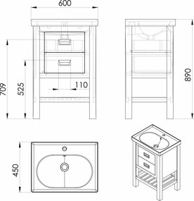 SAPHO BRAND retro umyvadlová skříňka 56x83x43cm, mořený smrk BA068S