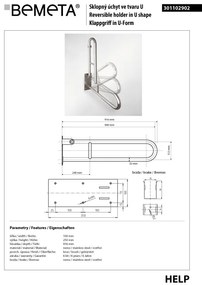 Bemeta Design HELP: Sklopný úchyt ve tvaru U, 900 mm, nerez, mat, bez krytky -