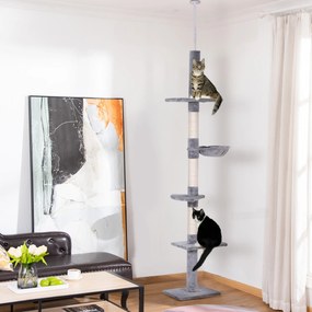PawHut škrabadlo stropní vysoké šedé 40x34x230-260cm, výškově nastavitelný strom pro kočky se sisalovými sloupky pro šplhání a škrábání