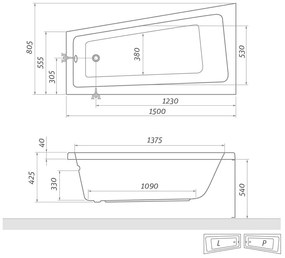 Roth Asymetrická akrylátová vana EVA SIDE Varianta: rozměry: 150x80 cm, orientace: Levá - (EVA SIDE L - 9780000)