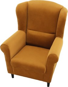 relaxační křeslo, ušák, dřevo/látka, nohy tmavé/potah hořčicový, Tempo Kondela CHARLOT