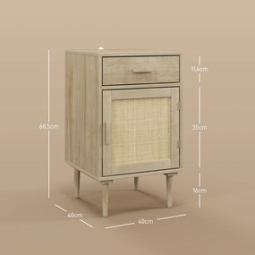 HOMCOM Noční stolek s ratanovými dvířky a policí + 1 zásuvka, bohémský design - 40 x 68,5 cm, přírodní