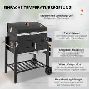 Outsunny grilovací vozík na dřevěné uhlí BBQ stojan na grilování z nerezové oceli černý 113x65x108cm pro zahradu a terasu | Aosom.de