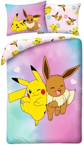 Oboustranné ložní povlečení z mikrovlákna Pokémoni – motiv Pikachu a Eevee - 70 x 90 cm + 140 x 200 cm - zipové zapínání