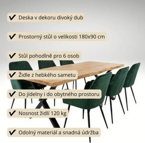 Vikio Jídelní set pro 6 osob 180x90 cm soft dub noha X zelená židle s područkami VJS228-6Z