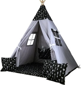 Dětský stan TEEPEE (TÝPÍ) ŠÍPY s doplňky - šedý/černý