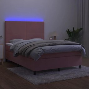 Box spring postel s matrací a LED růžová 140x200 cm samet 3136010