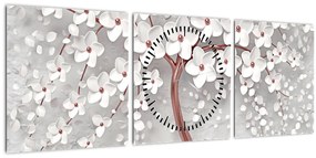 Obraz - Obraz bílého stromu s květinami, rosegold (s hodinami) (90x30 cm)