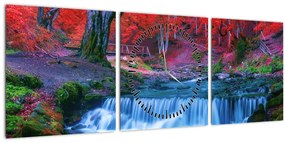 Obraz vodopádu v červeném lese (s hodinami) (90x30 cm)