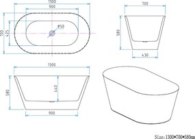 Erga Rhea, volně stojící vana 130x70 cm + odtoková zátka, bílá lesklá, ERG-RHEA-130070-WH-WH