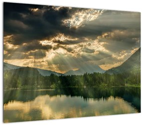 Skleněný obraz jezera s průsvitajícím sluncem (70x50 cm)