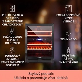 Klarstein Vinovilla Onyx 43, vinotéka, 129 l/43 lahví, 2 zóny, 3 barvy LED osvětlení, skleněné dveře