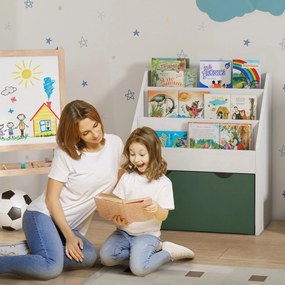 Dětská knihovnička AIYAPLAY s hračkami a úložným prostory, víceúrovňová s 3 policemi a šuplíkem, 62,5L x 30Š x 70V cm, Zelená