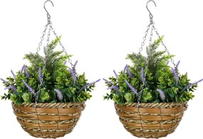 Outsunny Sada 2 Umělých Levandulových Rostlin s Květináčem a Hákem, PE a Proutí umělé rostliny, Ø25x34 cm, Zelené a Fialové | Aosom