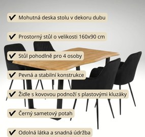 Vikio Jídelní set pro 4 osoby 160x90 cm dub noha U černá židle s područkami VJS166-4C