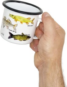Smaltovaný hrnek Ryby, 330 ml – bílý, s autorskou ilustrací ryb, retro design