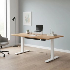 Výškově nastavitelný stůl OfficeTech C, 160 x 80 cm, bílá podnož, buk