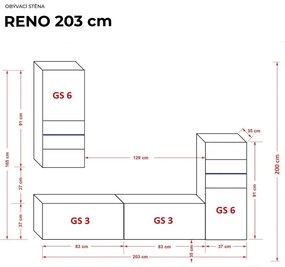 Ral Obývací stěna RENO 1, 203 cm - Bílý lesk
