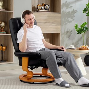 HOMCOM Relaxační křeslo s podnožkou, otočné a sklopné, potah z umělé kůže, do 150 kg, dřevěný rám, černá