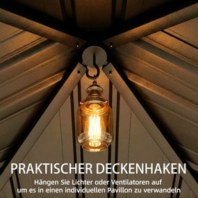 Zahradní altán 3×3 m s pevnou střechou, hliníkový pavillon s ocelovou střechou, moskytiéra, závěsy, UPF50+, hnědo-černý
