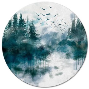 Kulatý obraz Akvarelový pohled - mlhavá lesní krajina s ptáky