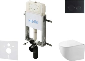 kielle Genesis New - Set předstěnové instalace, kompaktního klozetu Gaia, Rimless, sedátka softclose a tlačítka Gemini New II, matná černá 30528SZ87